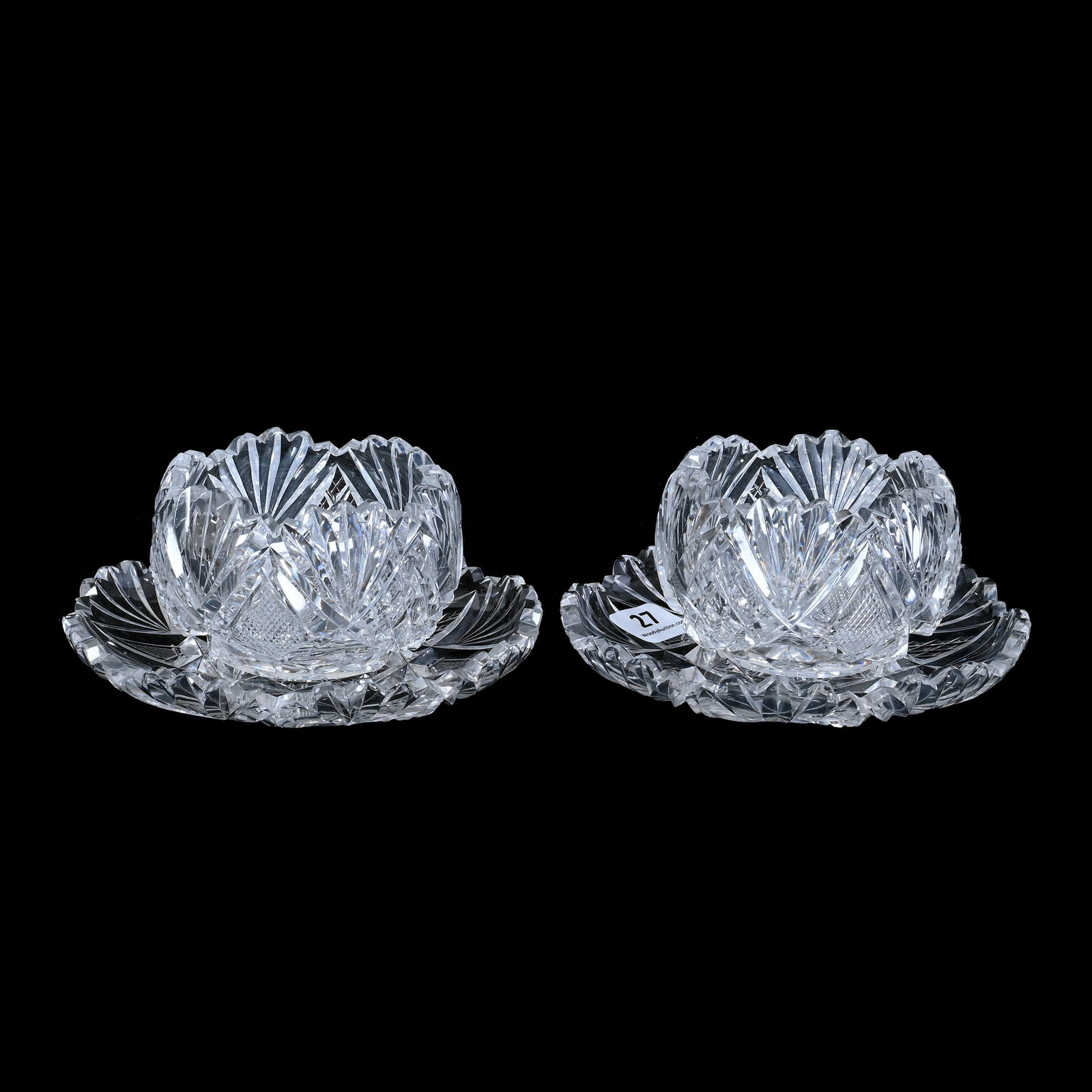 Pair Ramekins With Underplates, American Brilliant Cut Glass, Harvard ...