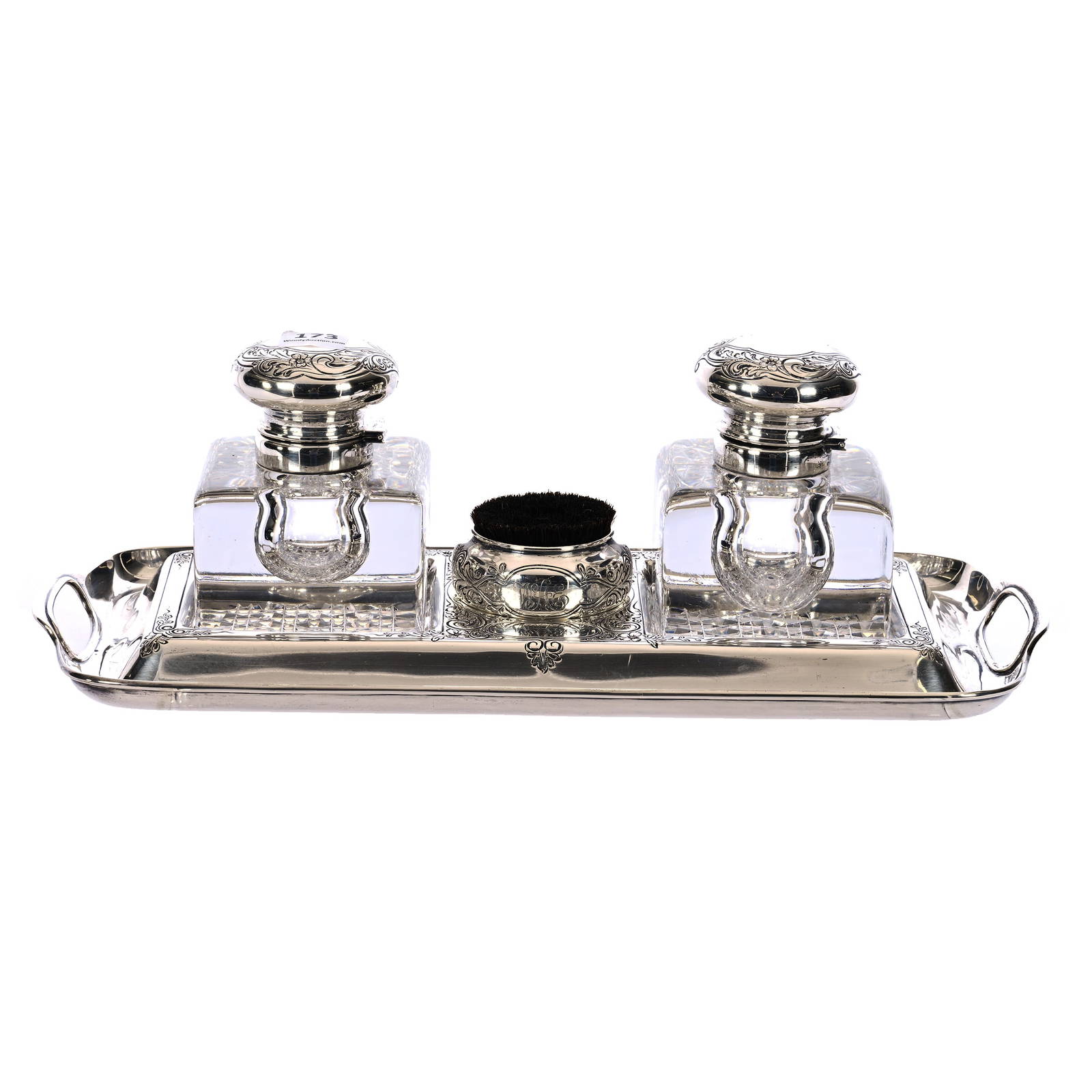 Double Inkwell Set, Abcg, Two Square Solid Glass Inkwells With Cane Cut ...