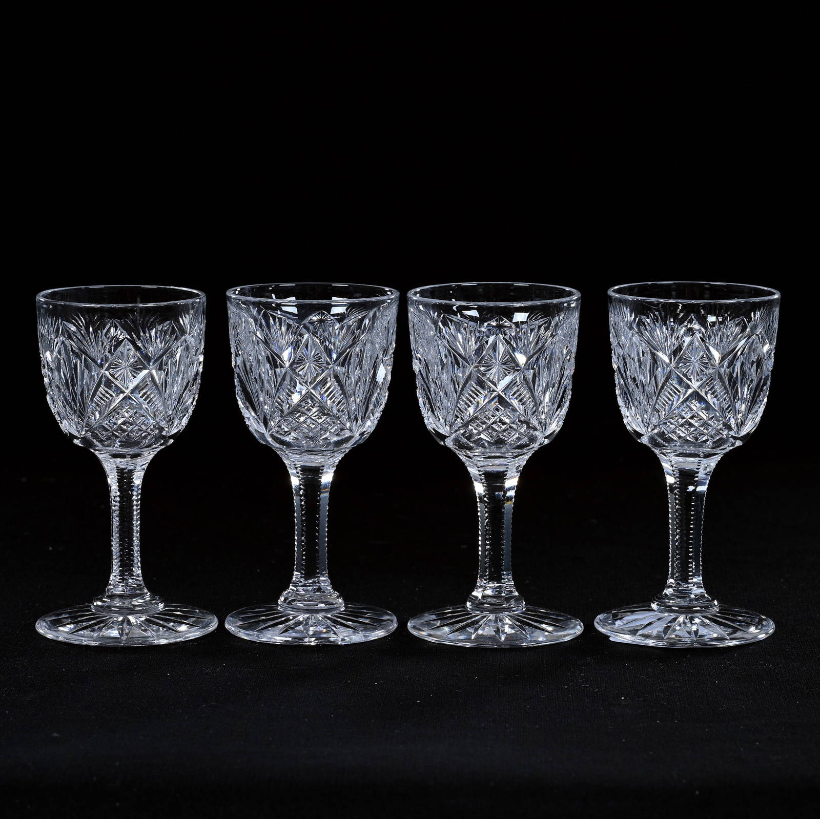 (4) Cordial Stems, American Brilliant Cut Glass, Cross Cut Diamond ...