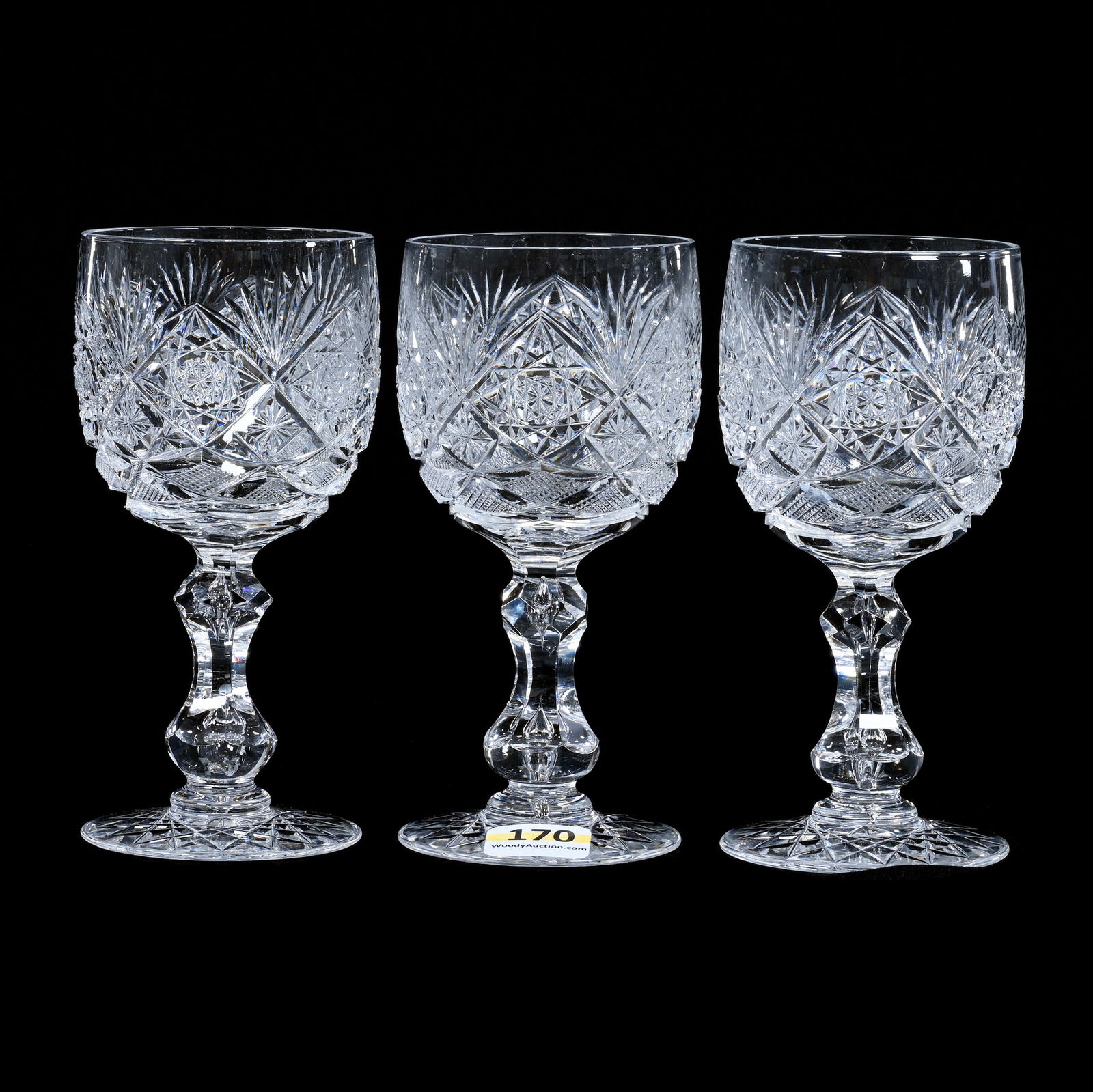 (3) Wine Stems, American Brilliant Cut Glass, Hobstar, Crosshatch, Star ...