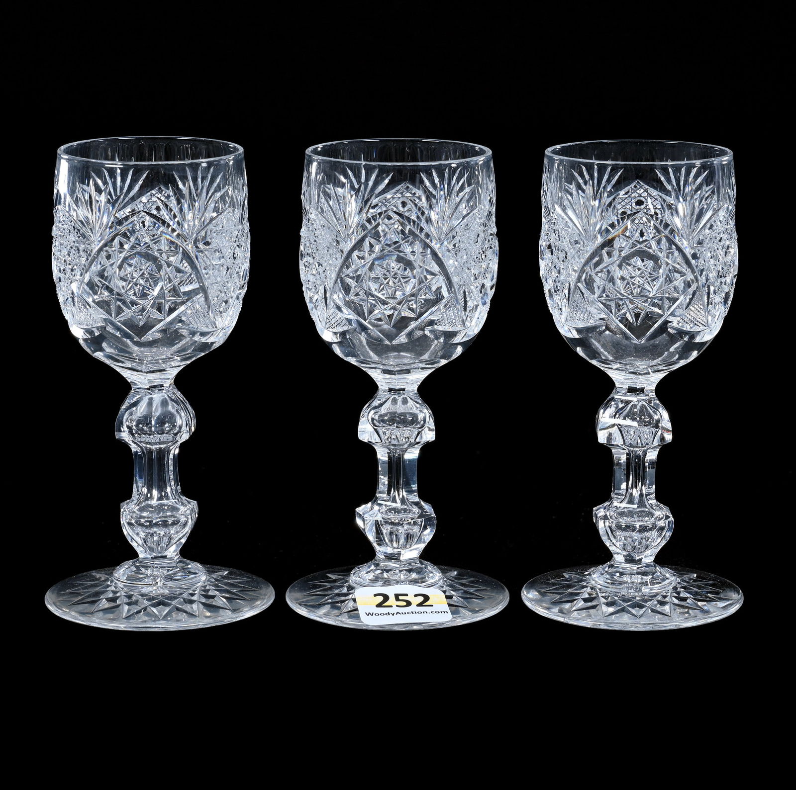 (3) Wine Stems, American Brilliant Cut Glass, Hobstar, Kite, Cane ...
