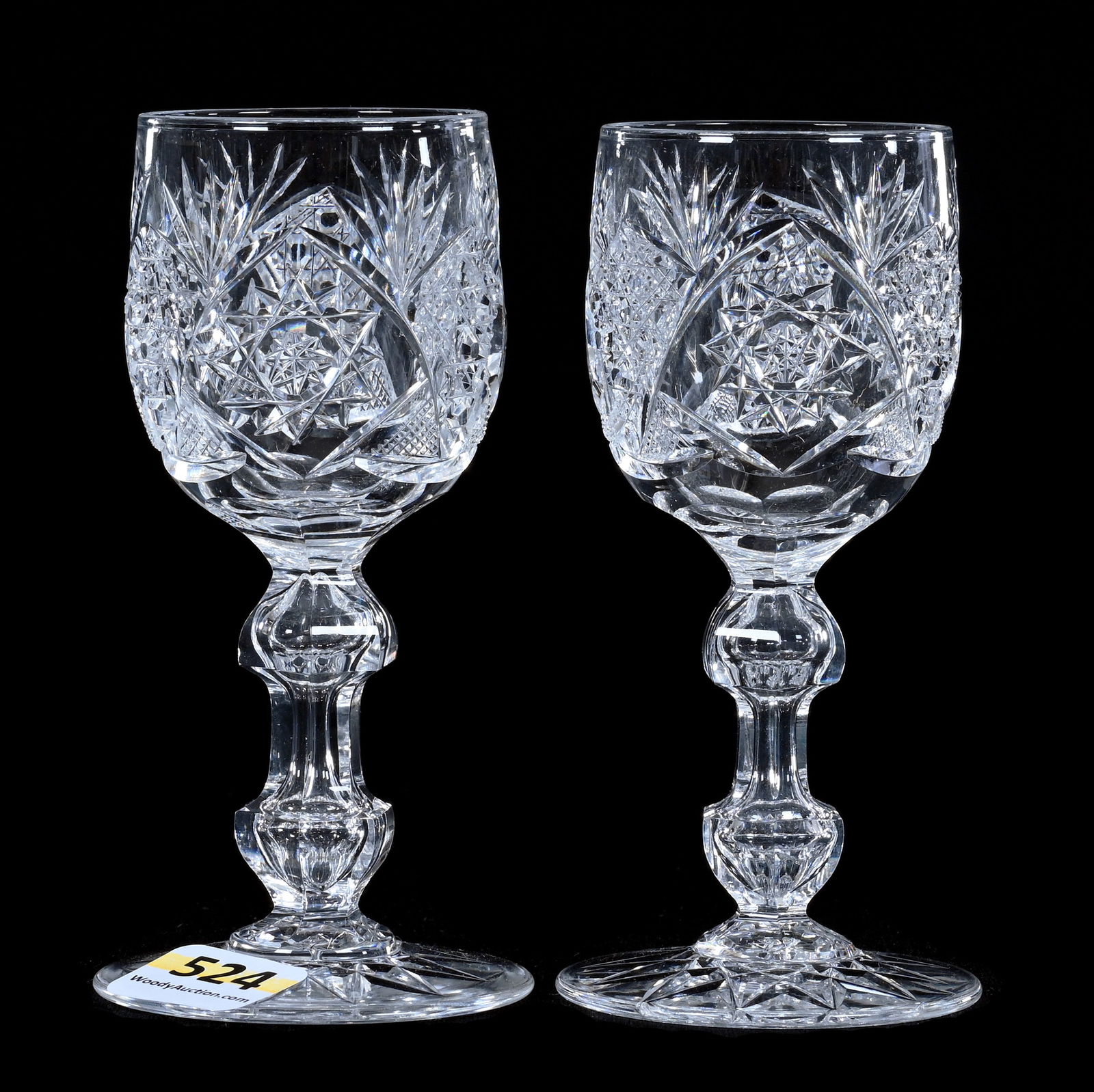 Pair Cordial Stems, Brilliant Period Cut Glass, Hobstar, Cane ...