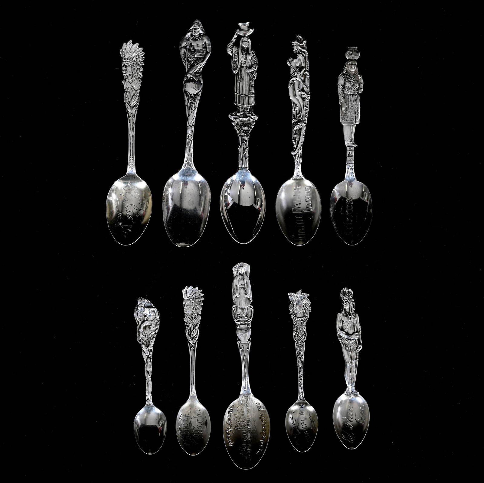 (10) Solid Sterling Silver Souvenir Spoons With Native American Designs ...