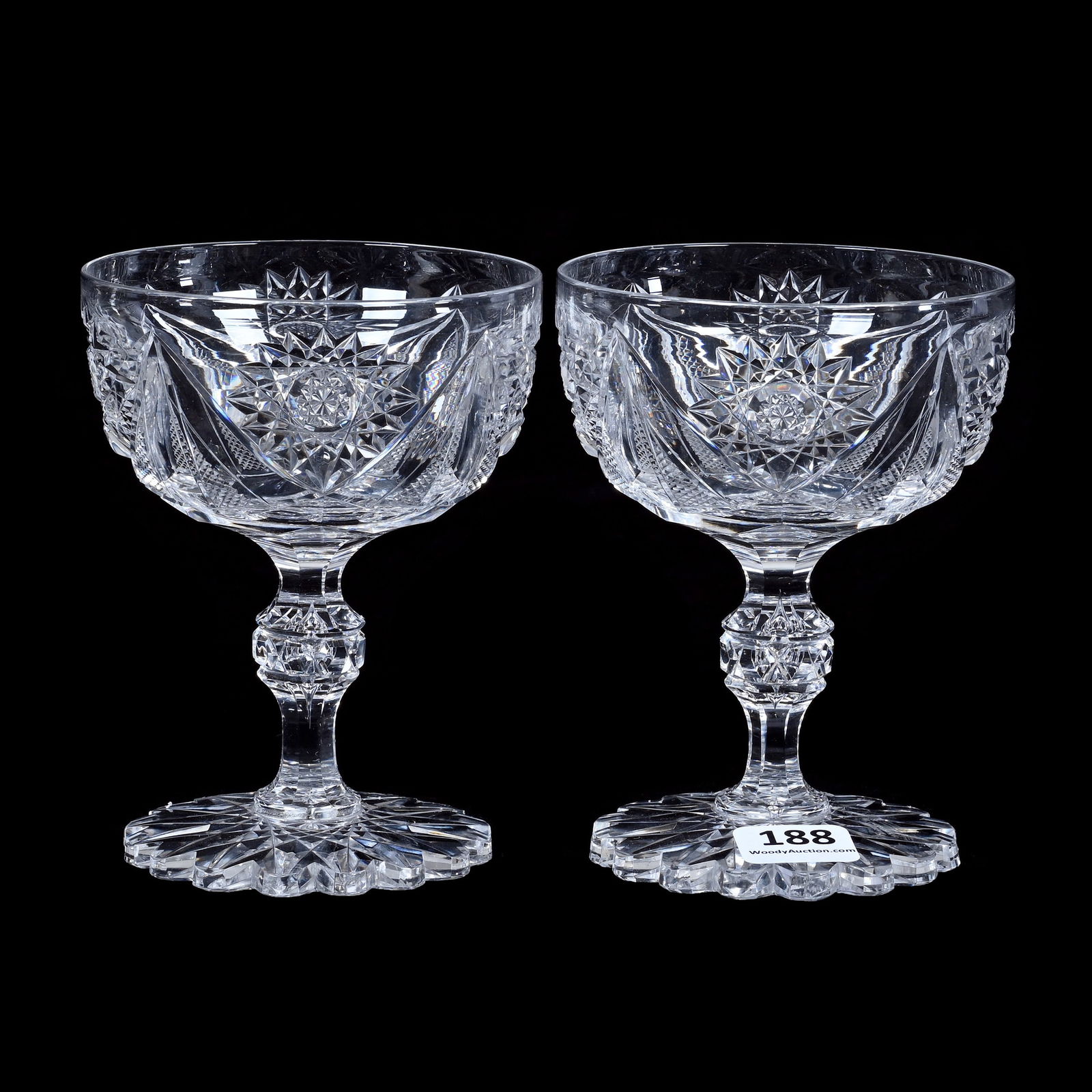 Pair Champagne Stems, American Brilliant Cut Glass, American Pattern By ...
