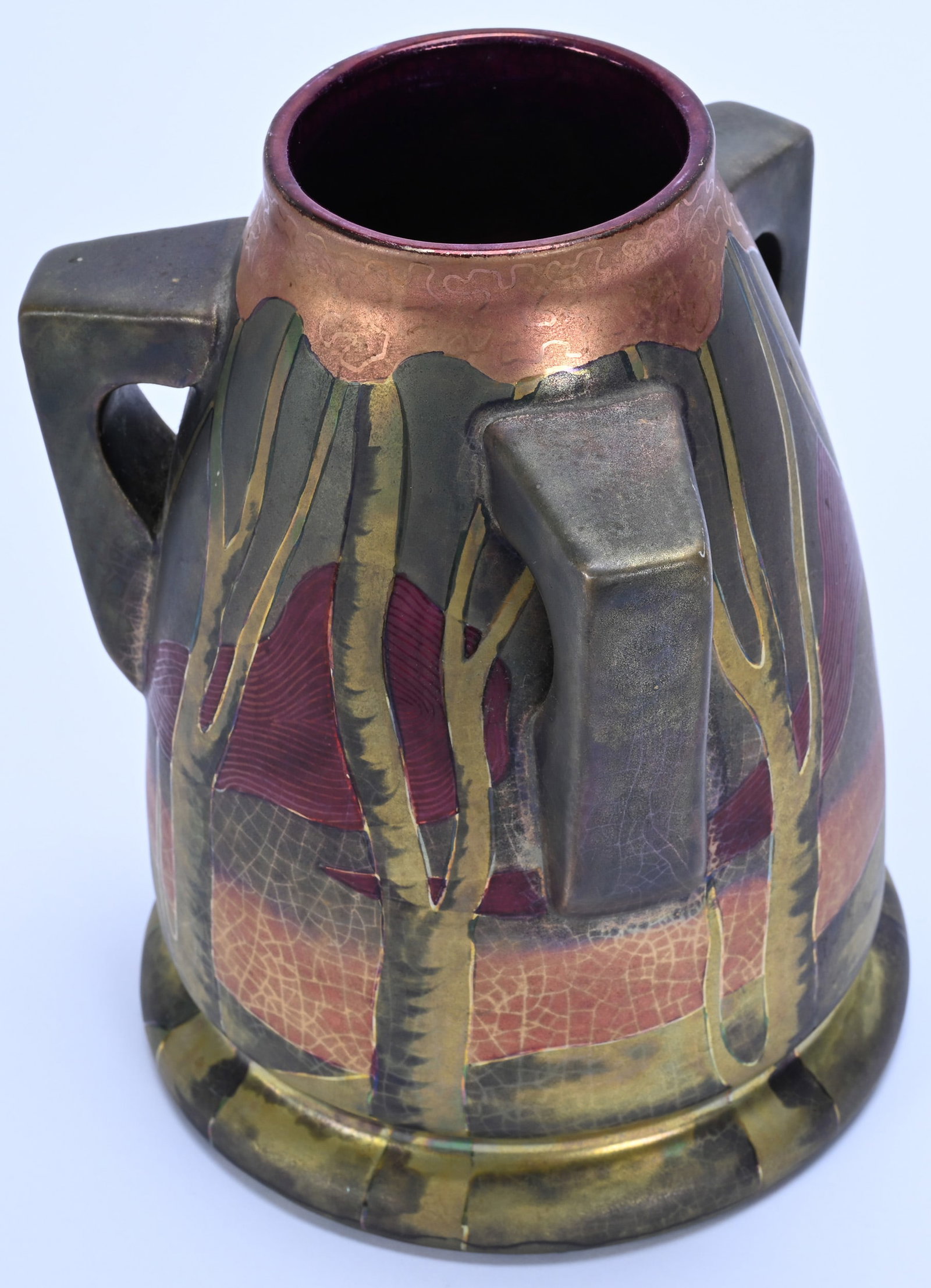 Three Handled Vase, Owens Swastika Mark, Keramos Line Art Pottery Auction