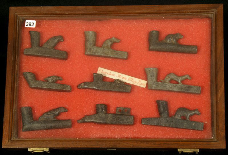 COLLECTION OF NINE HISTORIC CHEROKEE STONE EFFIGY PIPES