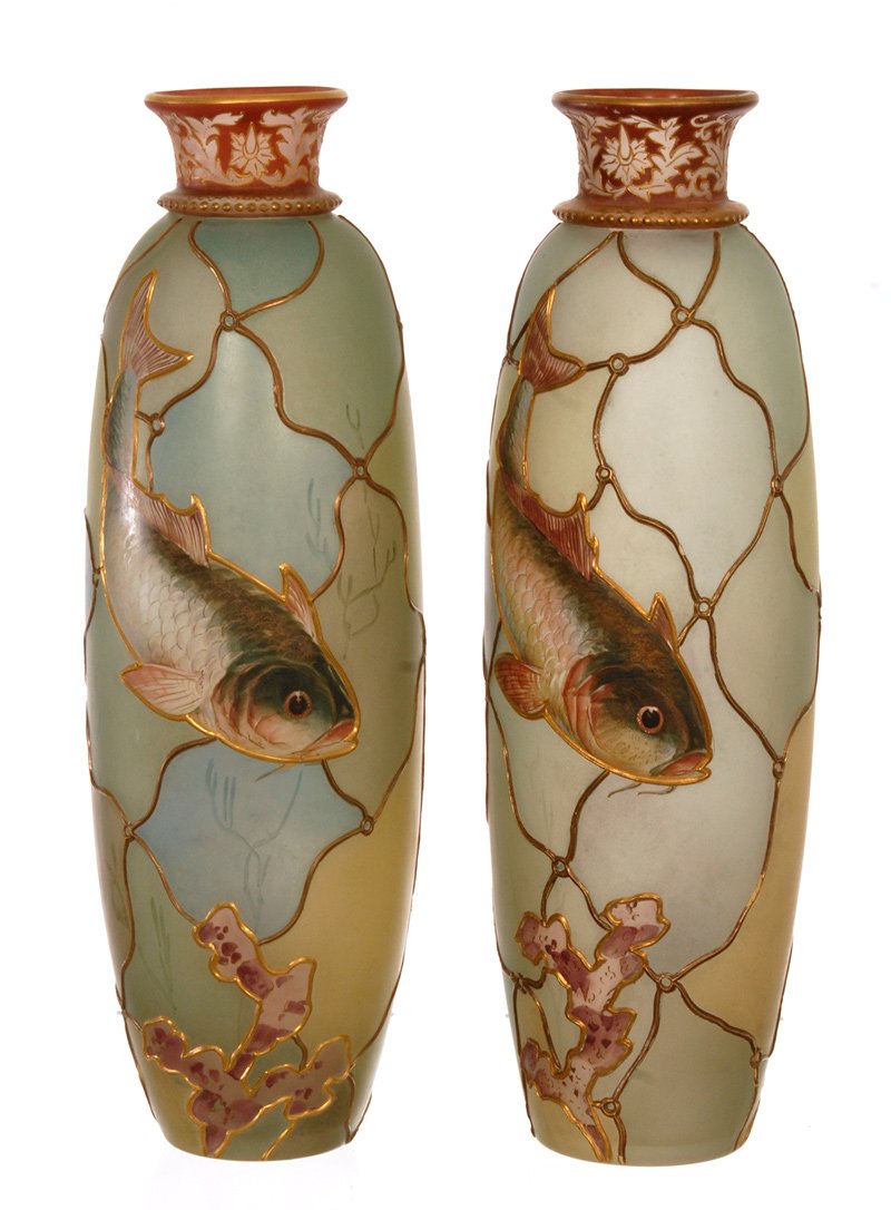 PAIR 13 1/2" ROYAL FLEMISH STYLE ART GLASS VASES - May 29, 2014 | Woody ...
