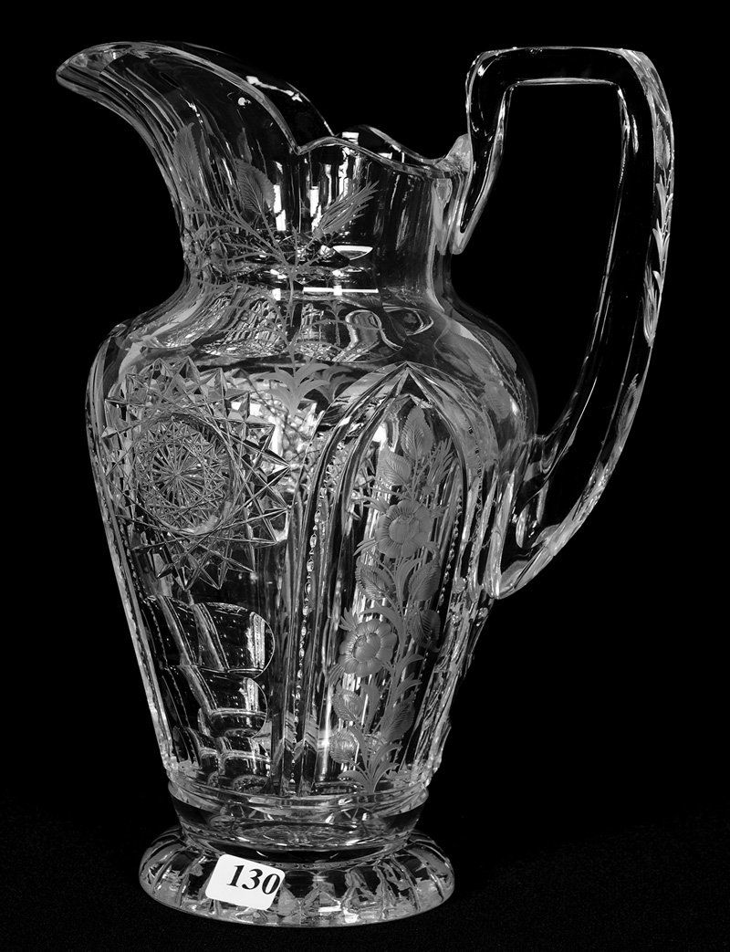 RARE WATER PITCHER, FOOTED, 10 3/4", CUT & MOSS ROSE