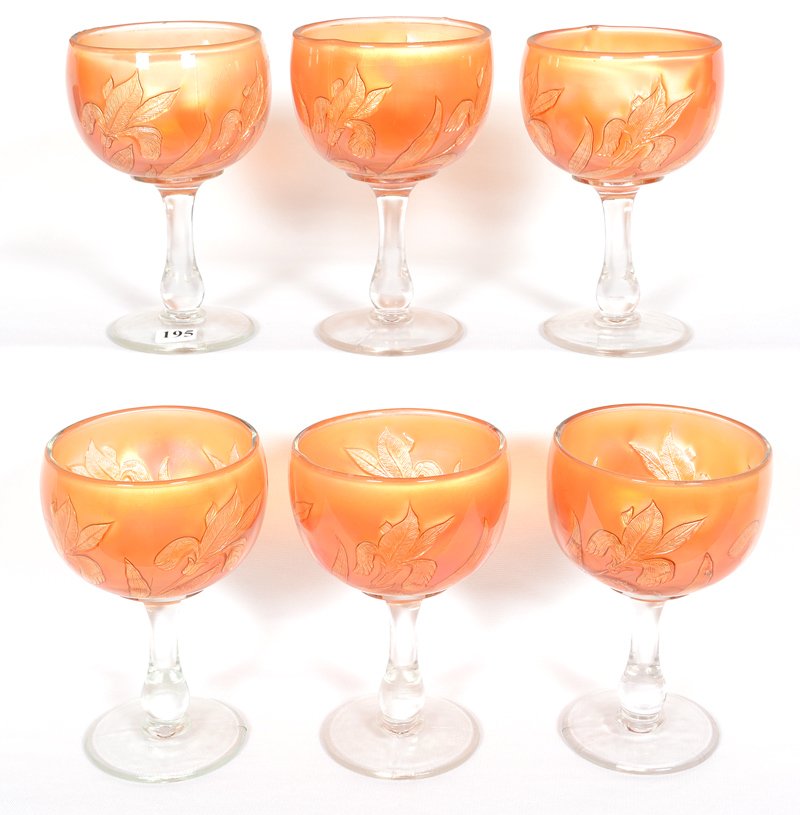 (6) CARNIVAL GLASS IRIS PATTERN GOBLETS