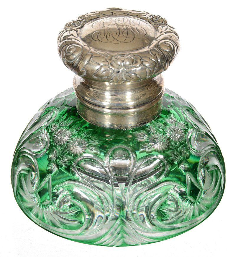 VERY RARE INKWELL - 3 1/2" X 3 3/4" - EMERALD GREEN CUT