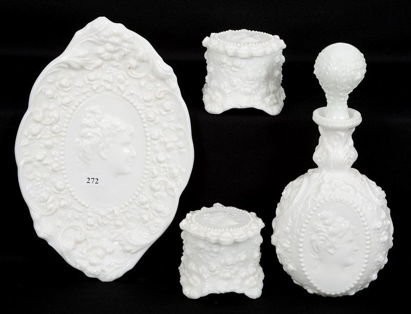 FOUR PIECE VINTAGE MILK GLASS DRESSER SET