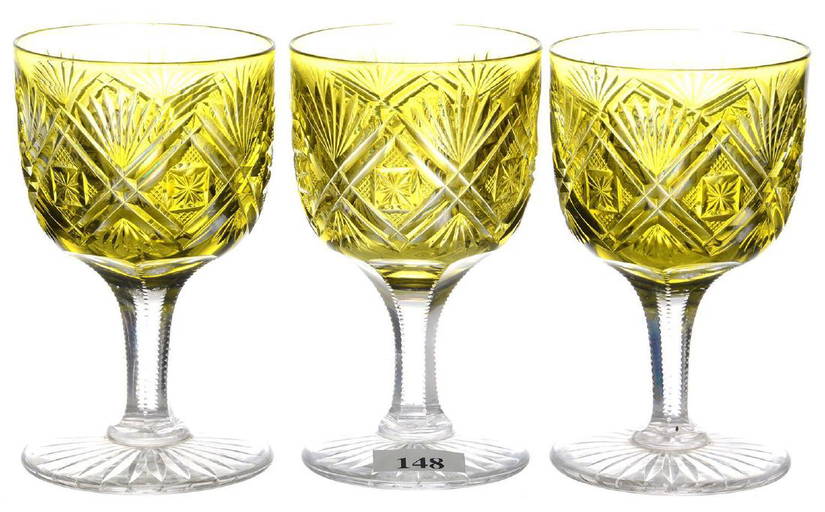 3 Wine Glasses 4675 Abcg Green Cut To Clear