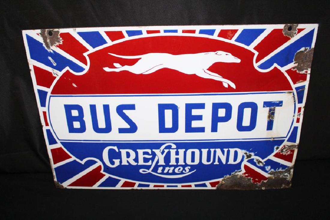 RARE PORCELAIN GREYHOUND BUS LINES DEPOT SIGN