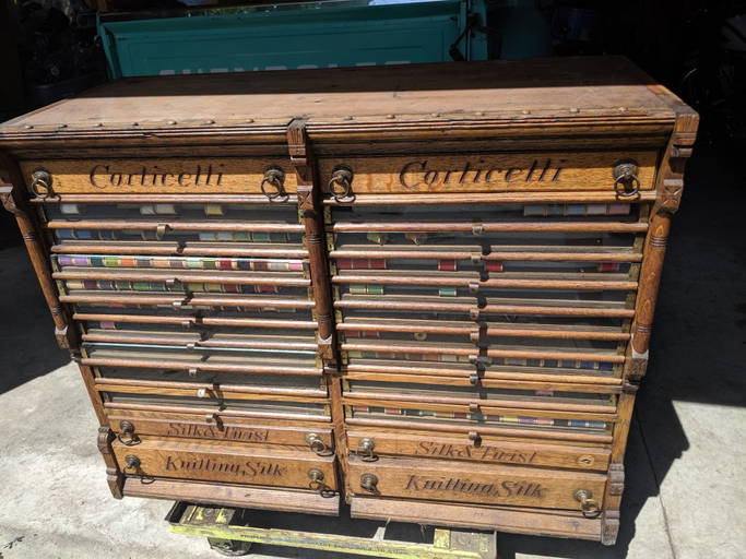Antique Corticelli Oak Sewing Spool Silk Cabinet