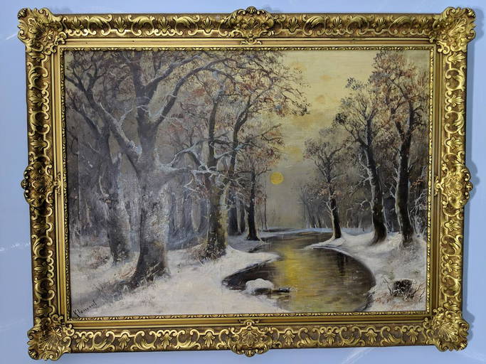 Antique Hans Klement Oil Painting Winter River Scene
