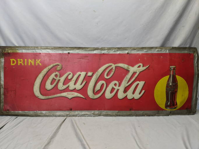 C1950's Embossed Metal Large Coke Coca Cola Wall Sign