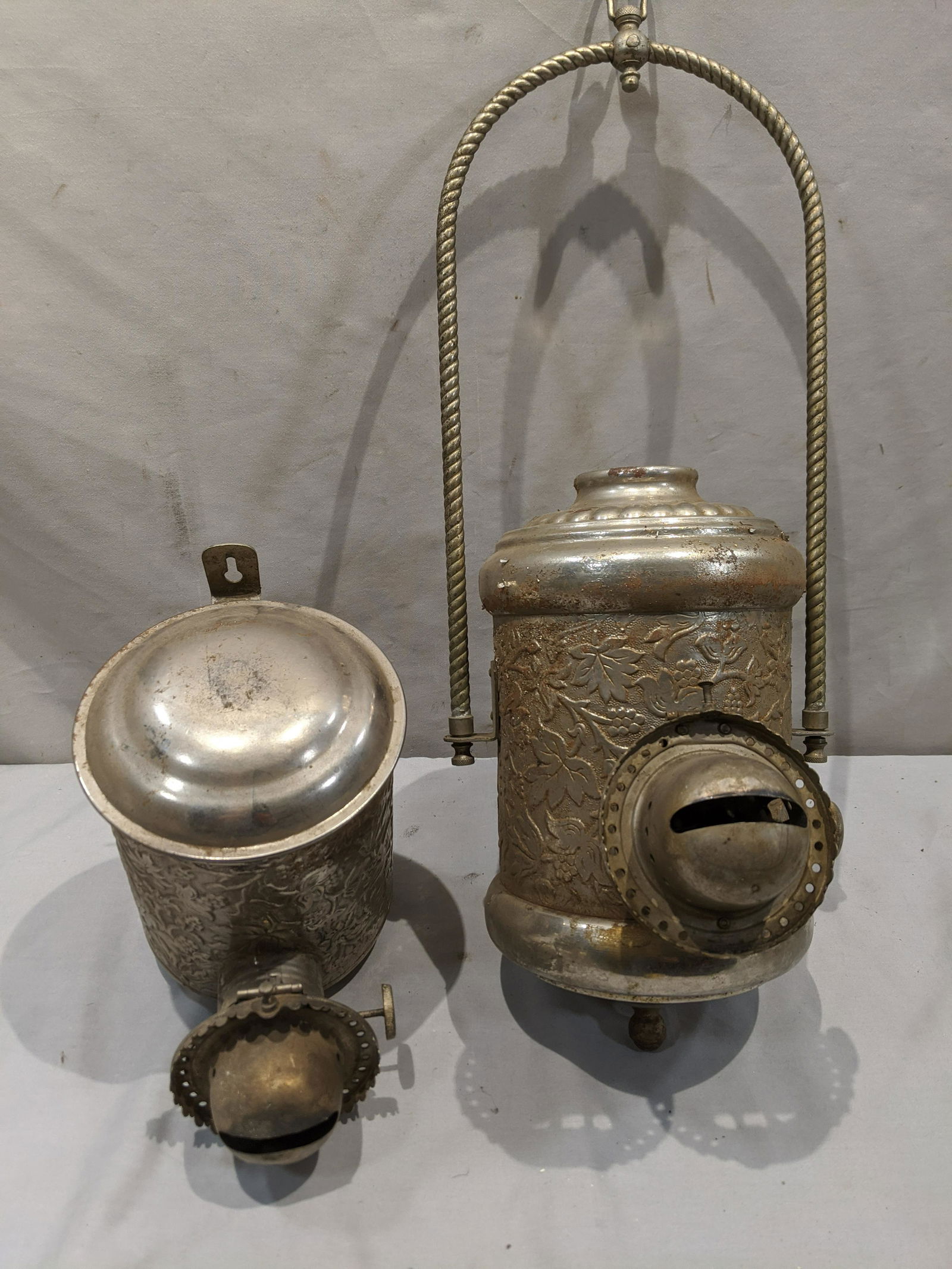 Pair Antique Angle Lamp Co Oil Metal Hanging Lamps