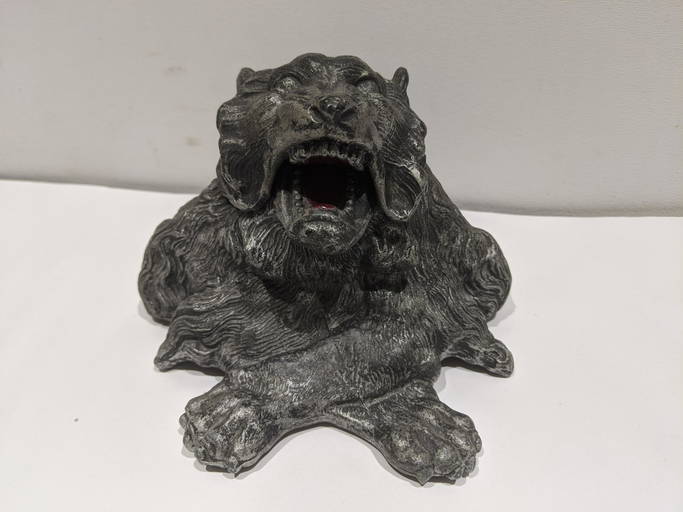 Antique Spelter Cast Metal Lion Inkwell