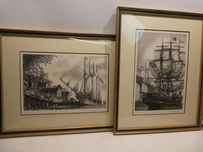 Pair 1975 Alan Jay Gaines Historic Ship Etchings