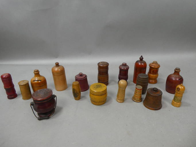 Lot 18 Antique Primitive Wooden Small Containers Banks Thread Holders ...
