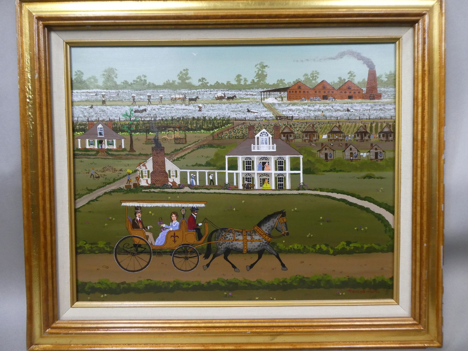 1977 Hannah Hartz Folk Art Plantation Fortier Oil Painting