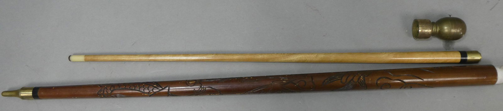 Vintage Carved Wood & Brass Walking Stick Cane Pool Cue