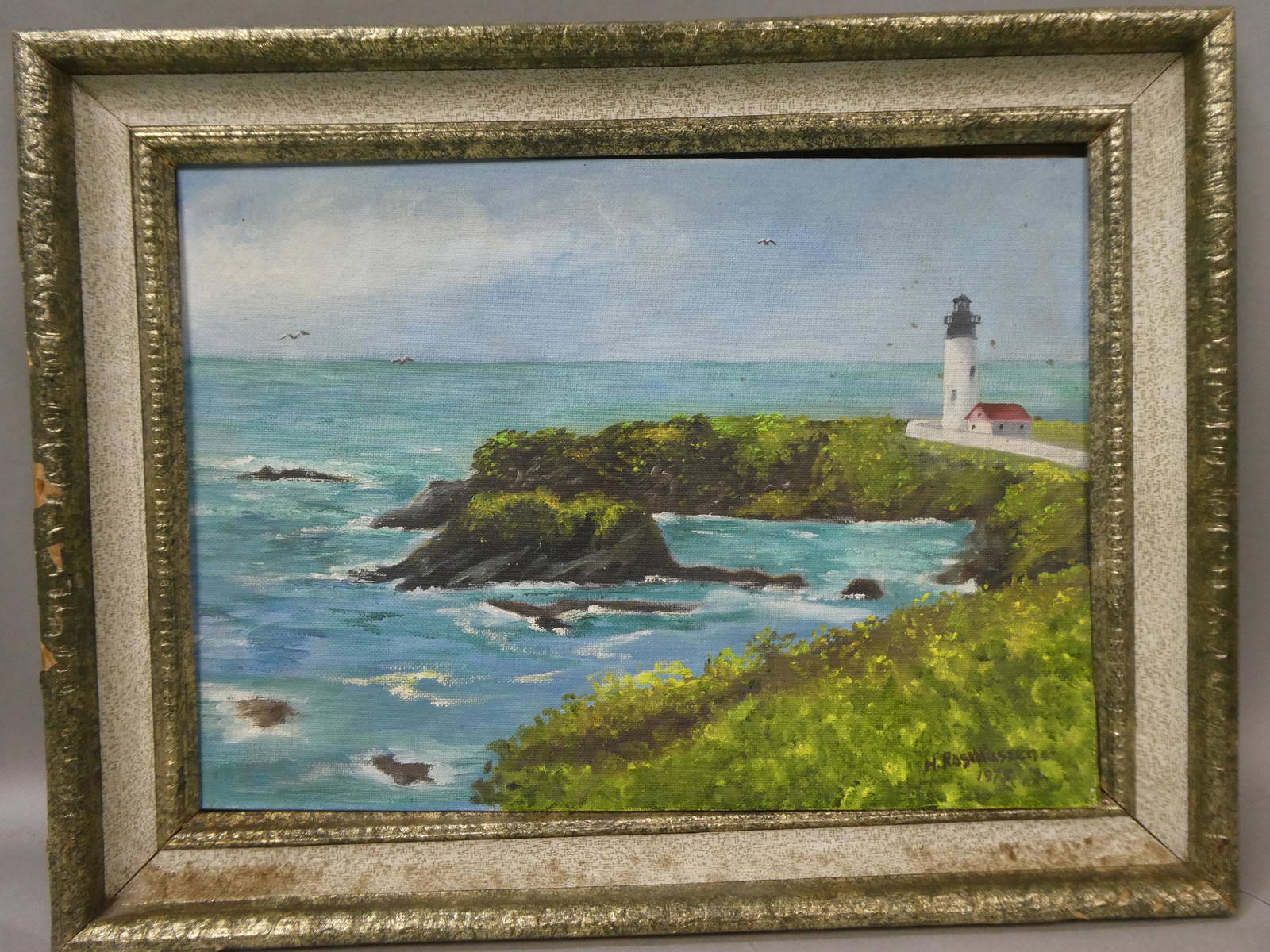 1975 Signed H Rasmussen Oceanside Lighthouse Oil Painting Auction