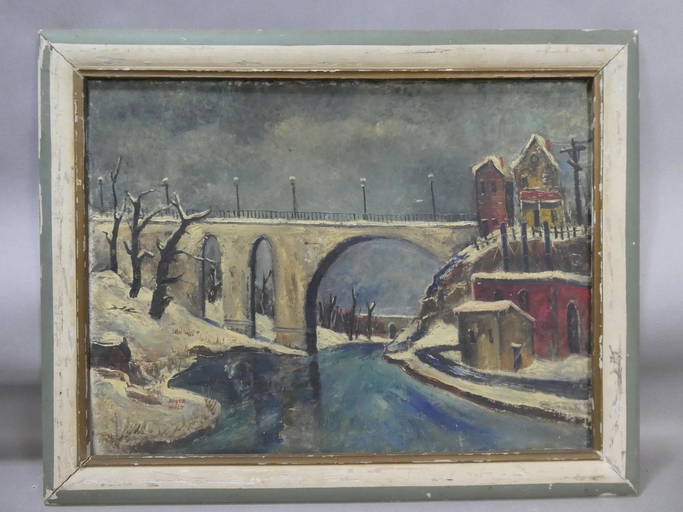 Vintage Roger Holt Listed Artist Winter Bridge Over River Oil Painting