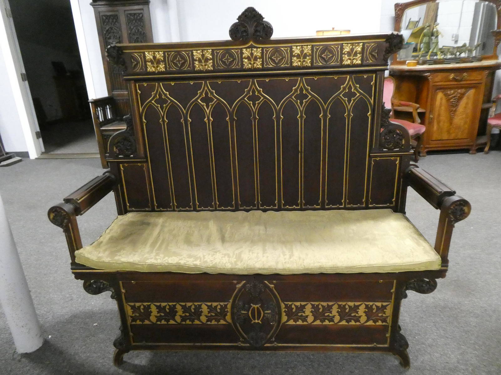 C1890 Bench Carved Walnut & Gilt Gold Bishops Bench Auction