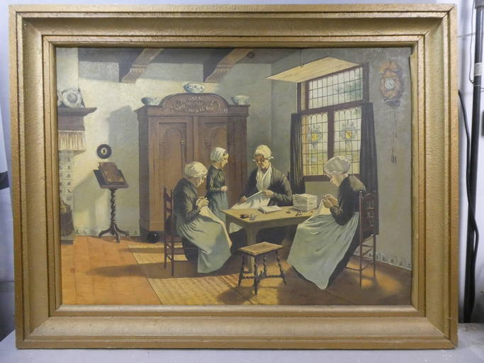 Huge Signed Alexander Interior Quaker Scene Oil Painting