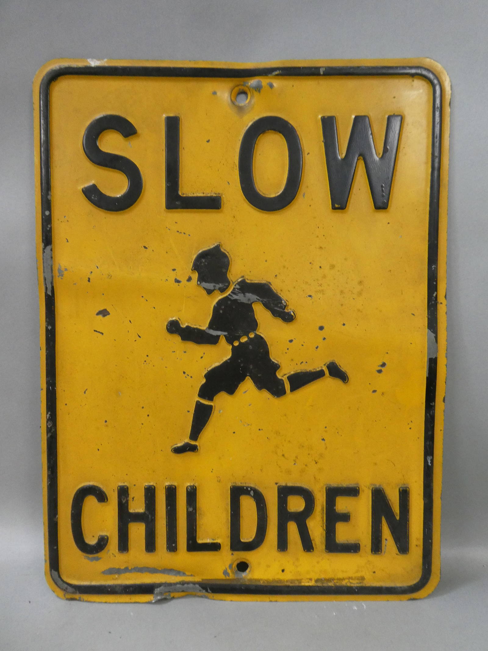 Vintage Embossed Black & Yellow Slow Children Steel Street Sign Auction