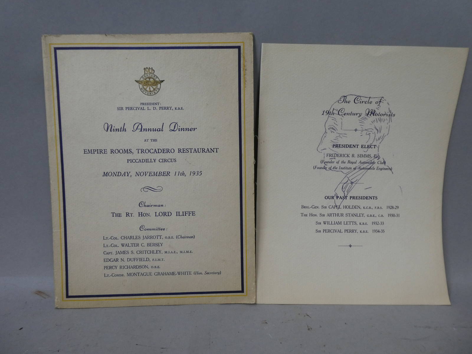 1935 Ninth Annual Dinner Booklet & Menu For 19th Century Motorists Club ...