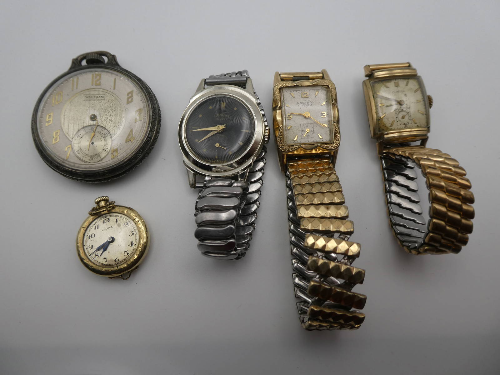 Lot 5 Watches Bulova Clinton Nastrex Waltham Genora Auction