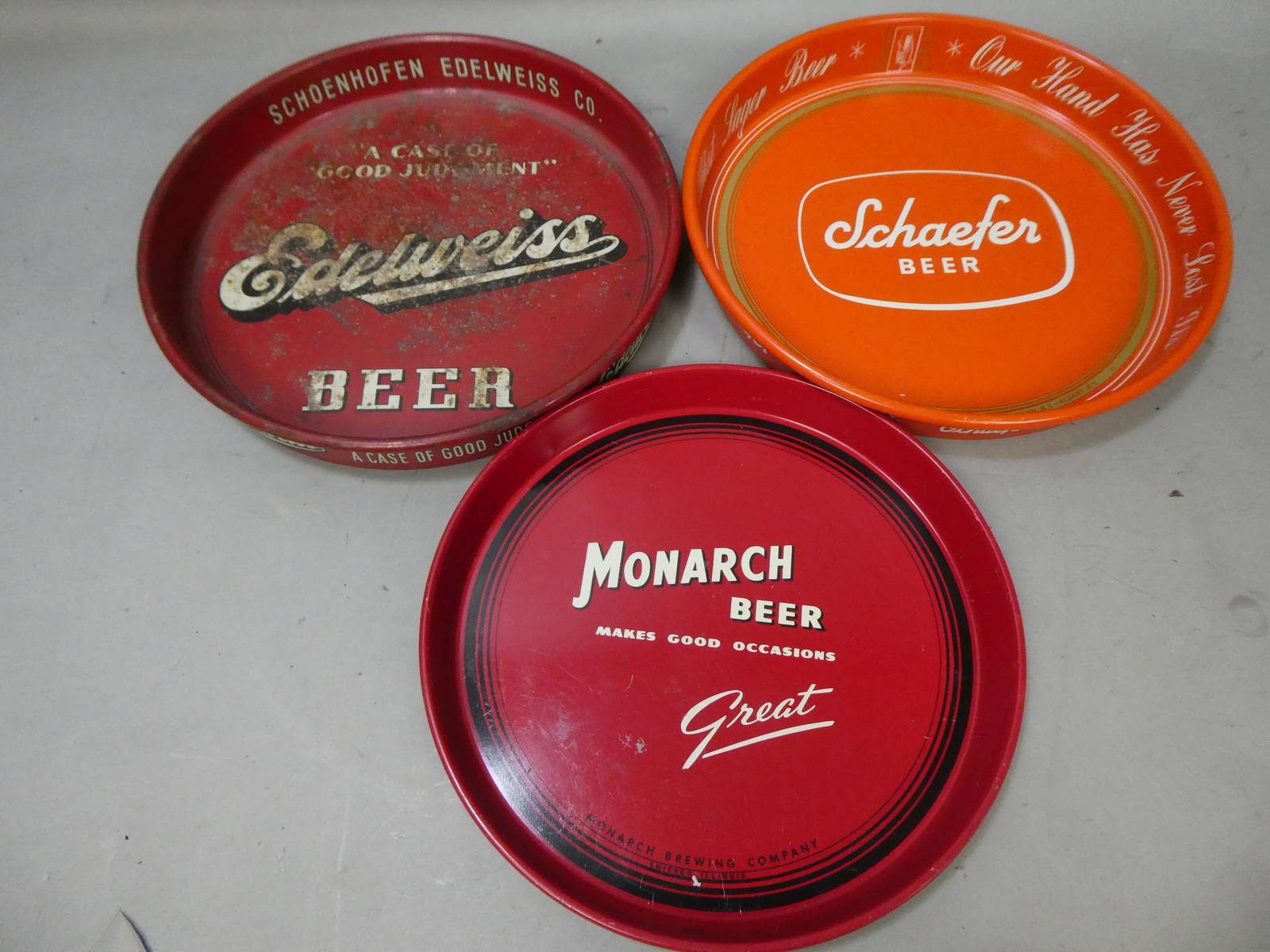 Lot 3 Vintage Metal Beer Trays Schaefer Monarch & Edelweiss Auction