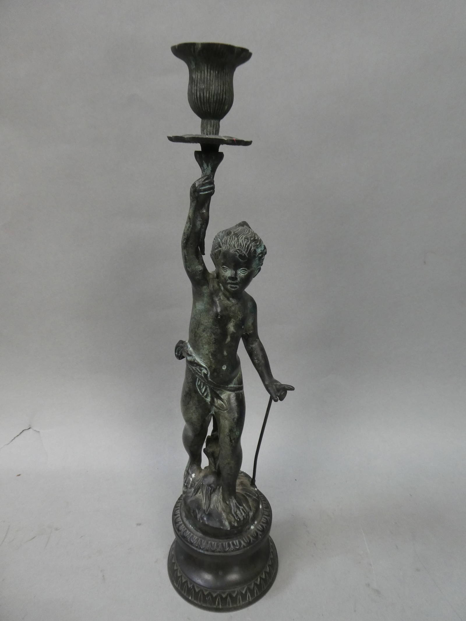 Antique Bronze Patina Metal Cupid Candlestick Holder Auction