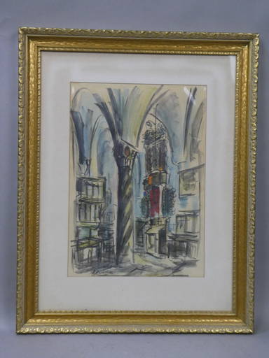 1964 Zvi Raphaeli Impressionist Synagogue Interior Watercolor Painting ...