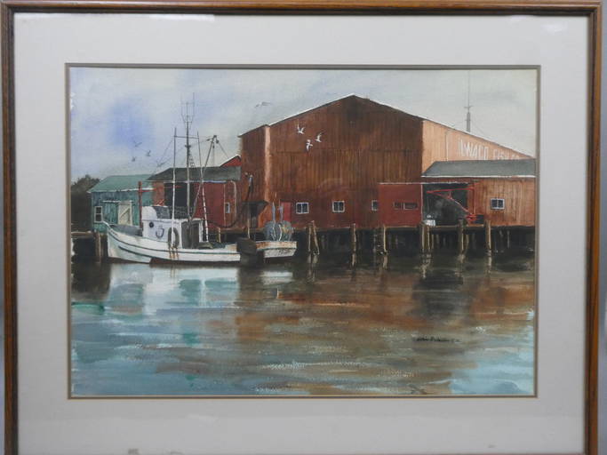 William Haddon Harbor Scene Large Watercolor Painting Listed Artist