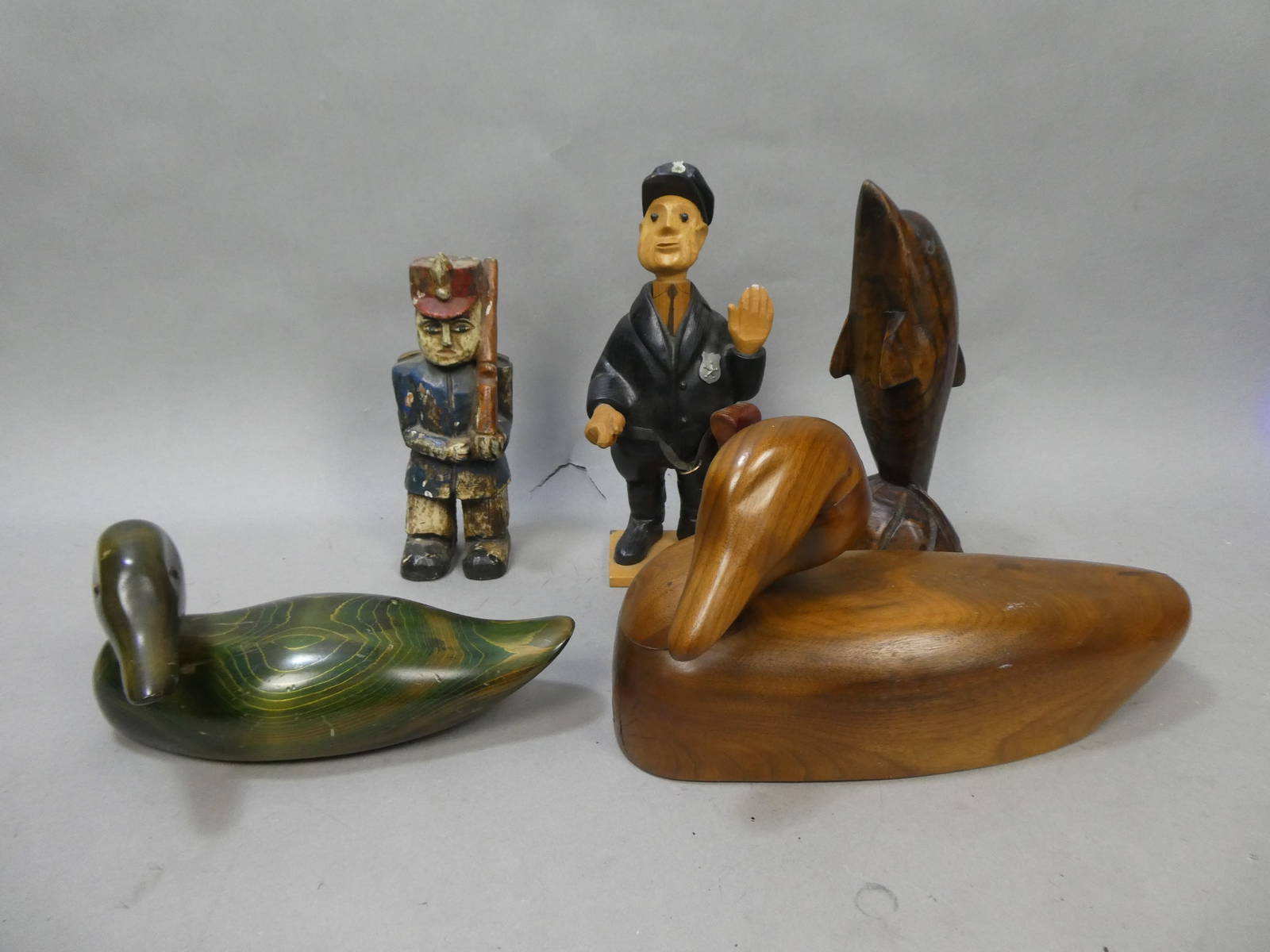 Lot 5 Vintage Carved Sculptures Dolphin Duck Decoy Police & Soldier Auction