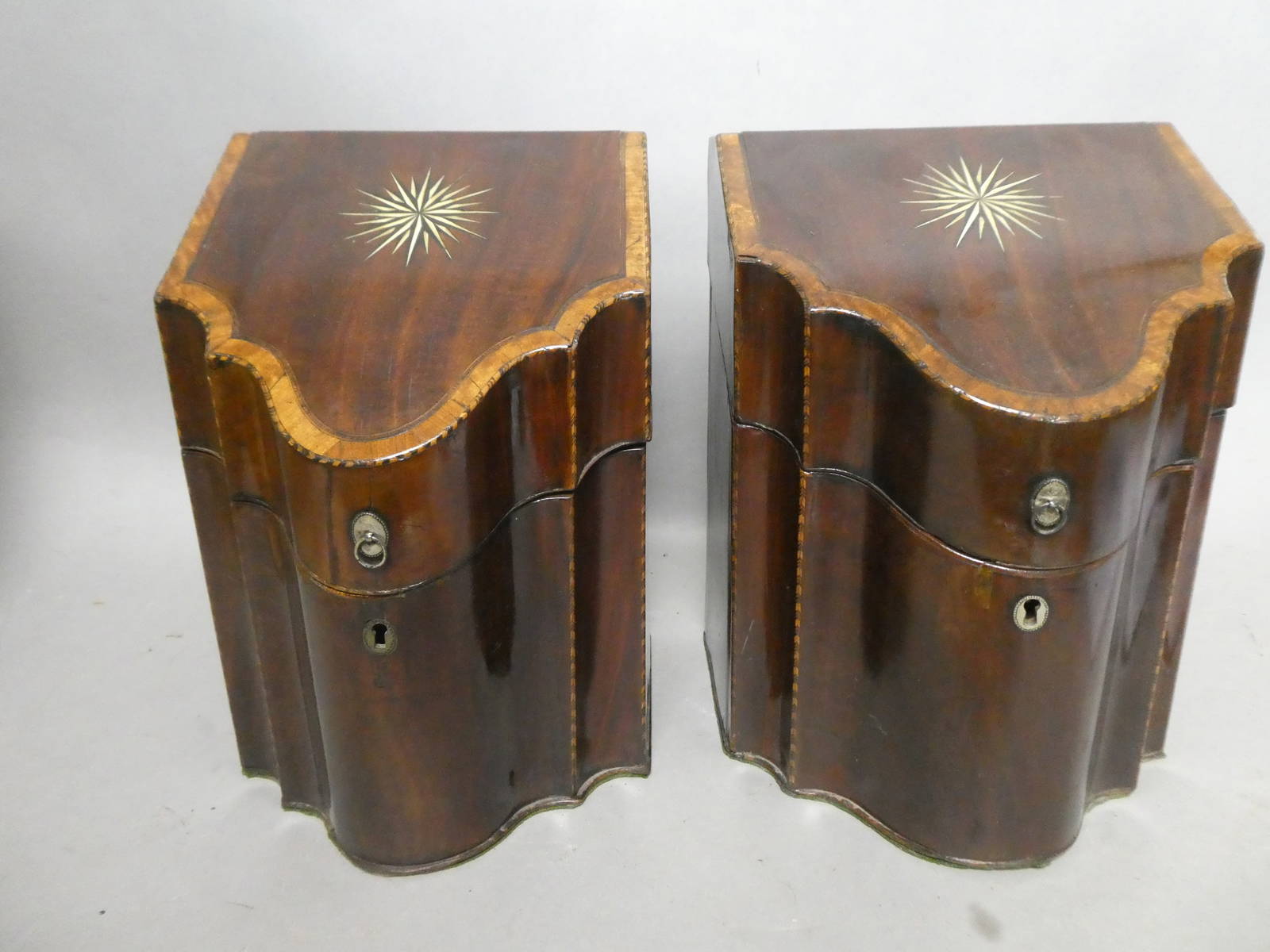 Pair 19th Century Mahogany Marquetry Inlay Knife Boxes W/ Key Auction