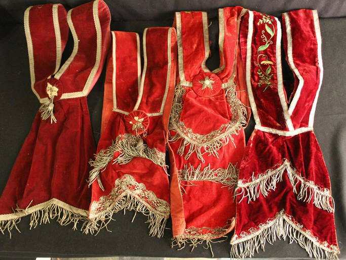 Antique Odd Fellows Red Silk Velvet Sashes