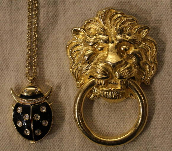 Kenneth Jay Lane Watch & Lion Door Knocker Pin