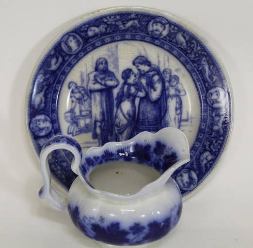 Vintage Flow Blue Transfer Pitcher & Plate
