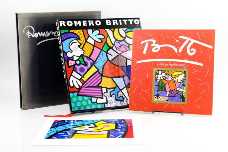 2pc Romero Britto Signed Books & Serigraph