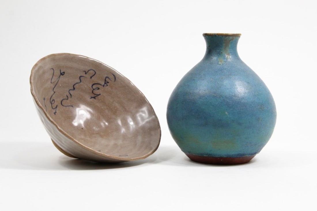 Pair Signed Studio Pottery Vase And Bowl Auction