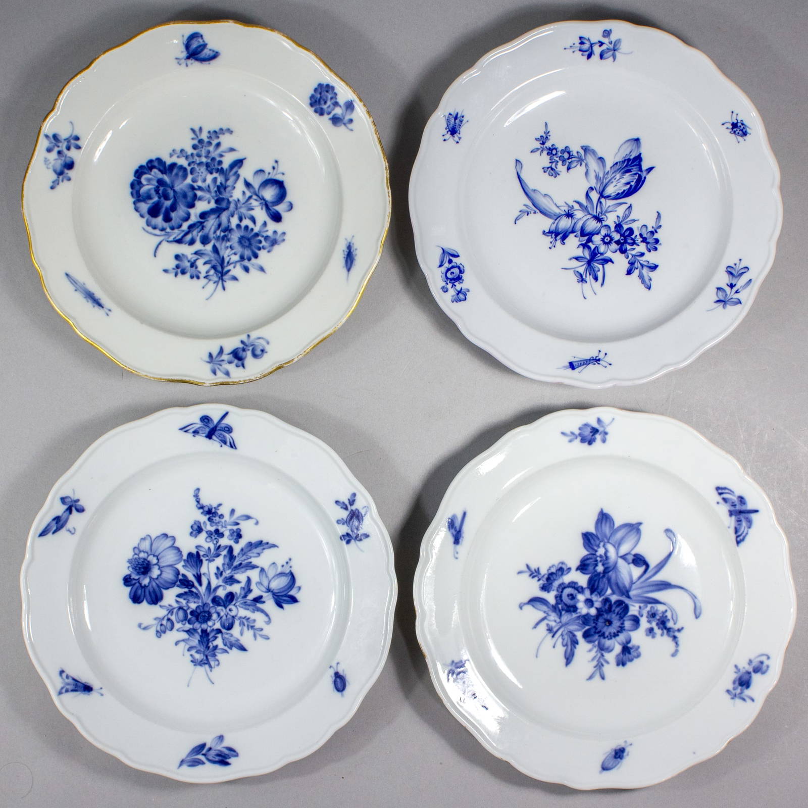 4 Meissen Blue Spring Flower Insect Plates 8.25" Auction