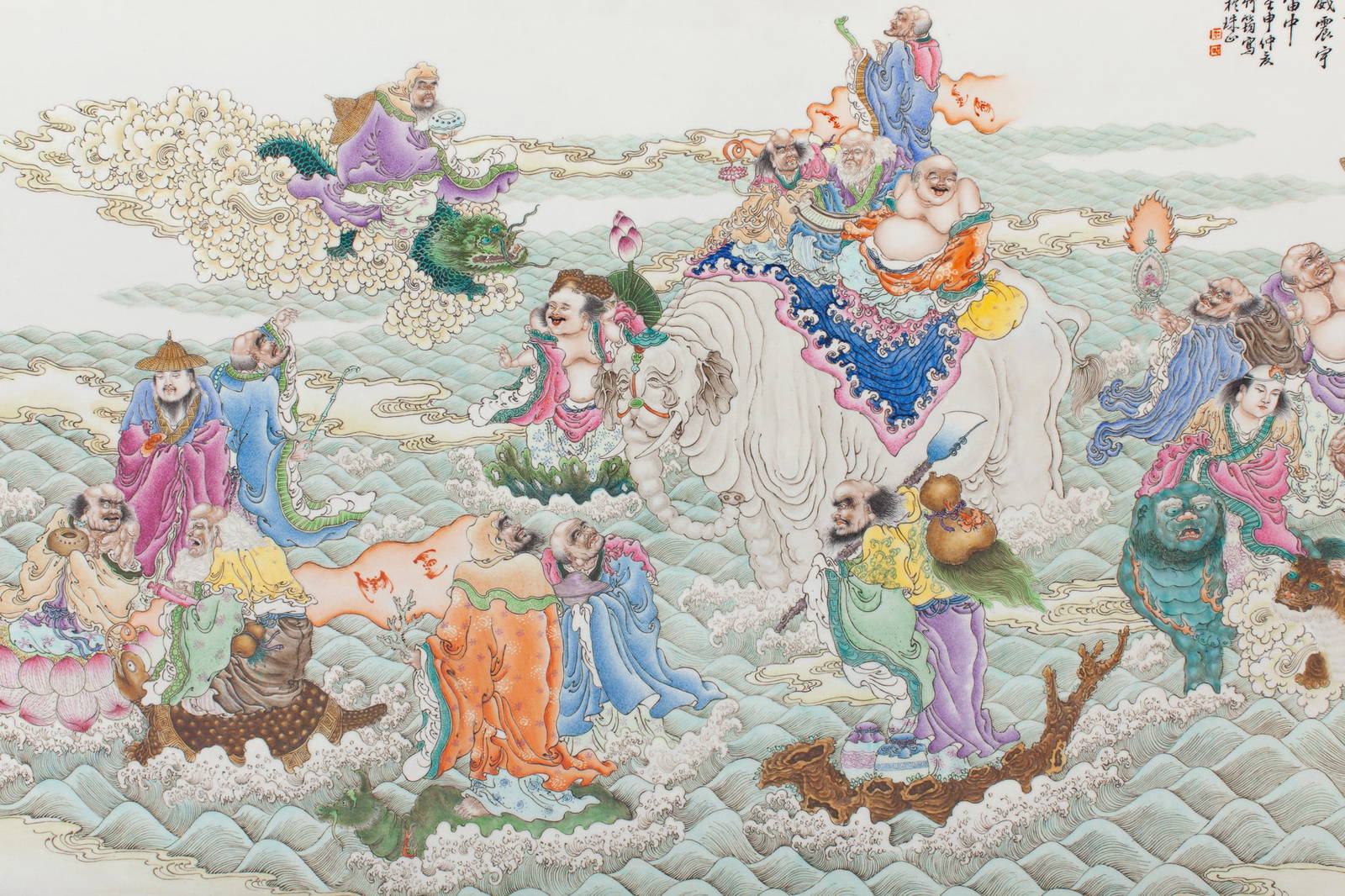 Large Chinese "eighteen Arhats" Enameled Porcelain Plaque Auction