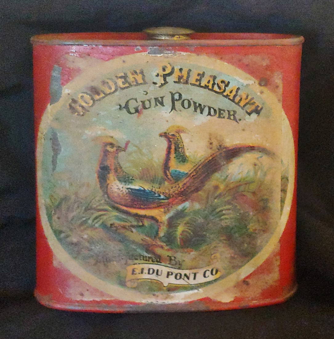 Beautiful Antique Golden Pheasant Gun Powder Tin Great Label Auction