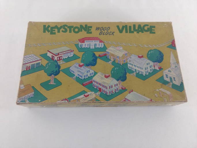 Vtg Keystone Wood Block Village Set In Box