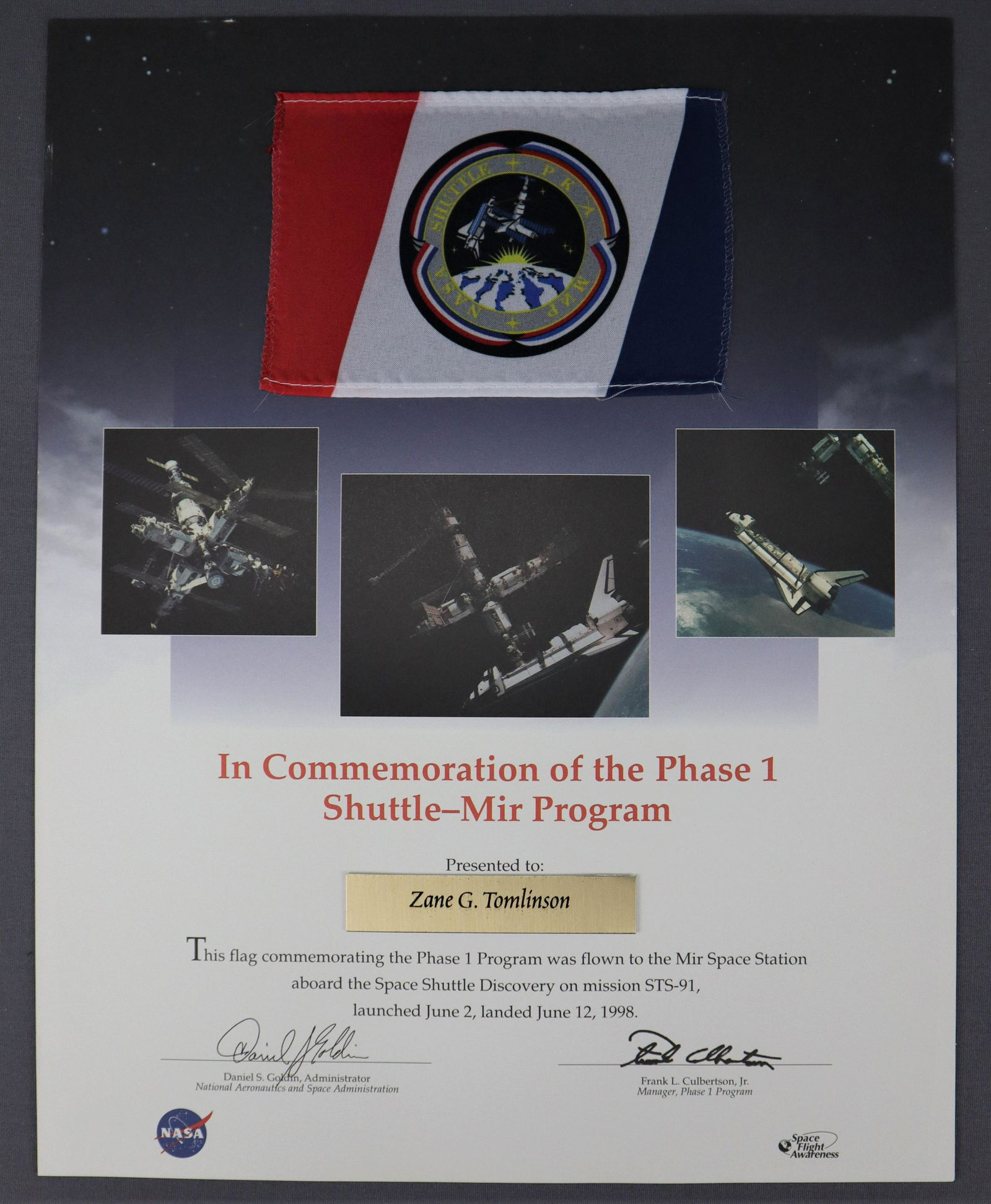 Shuttle MIR Program Flown Flag STS-91 Commemorative (#0383) on Oct 09 ...