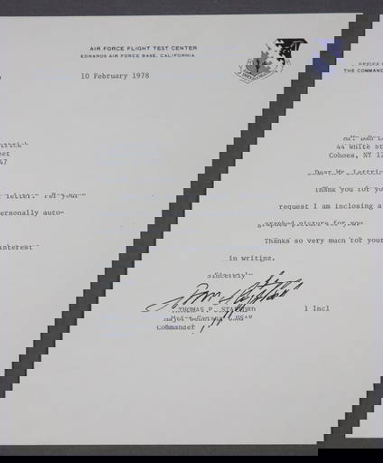 Apollo 10 Tom Stafford Signed Letter On Afb Letterhead